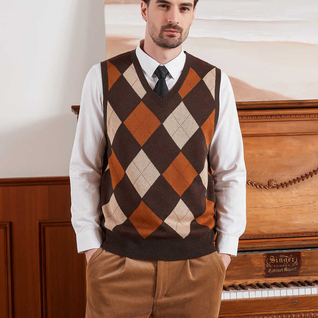 Kallspin Men's Argyle Vest Sweater V-neck Knit Vest Retro Wool Knitwear ...