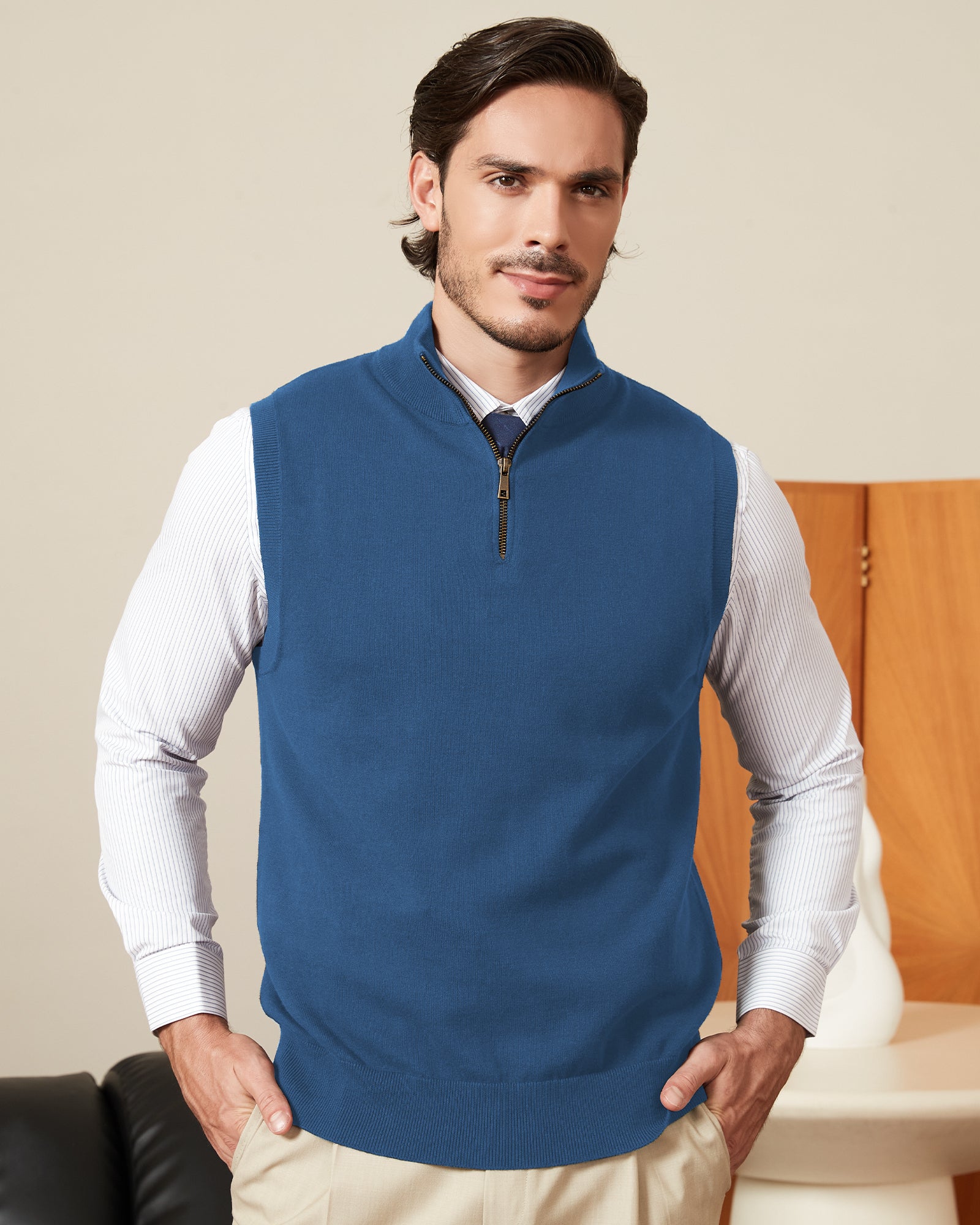 Men's Sweater Vest Pure Cotton Quarter-Zipper Vest Mock-neck